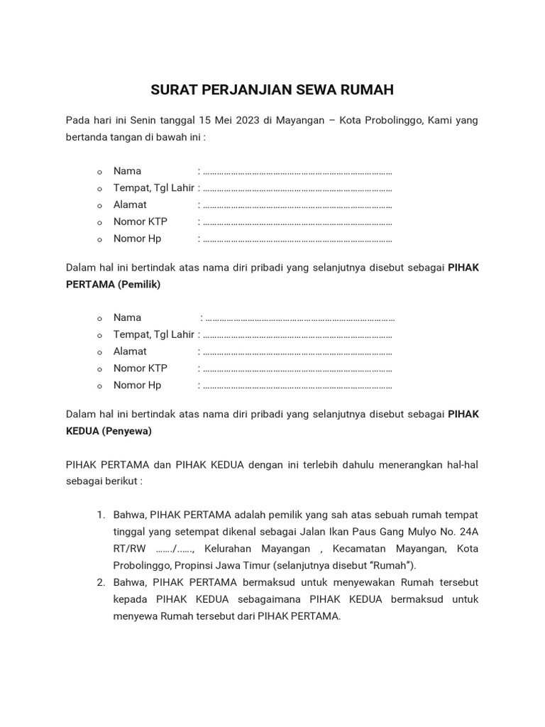 Surat Perjanjian Sewa Rumah | PDF