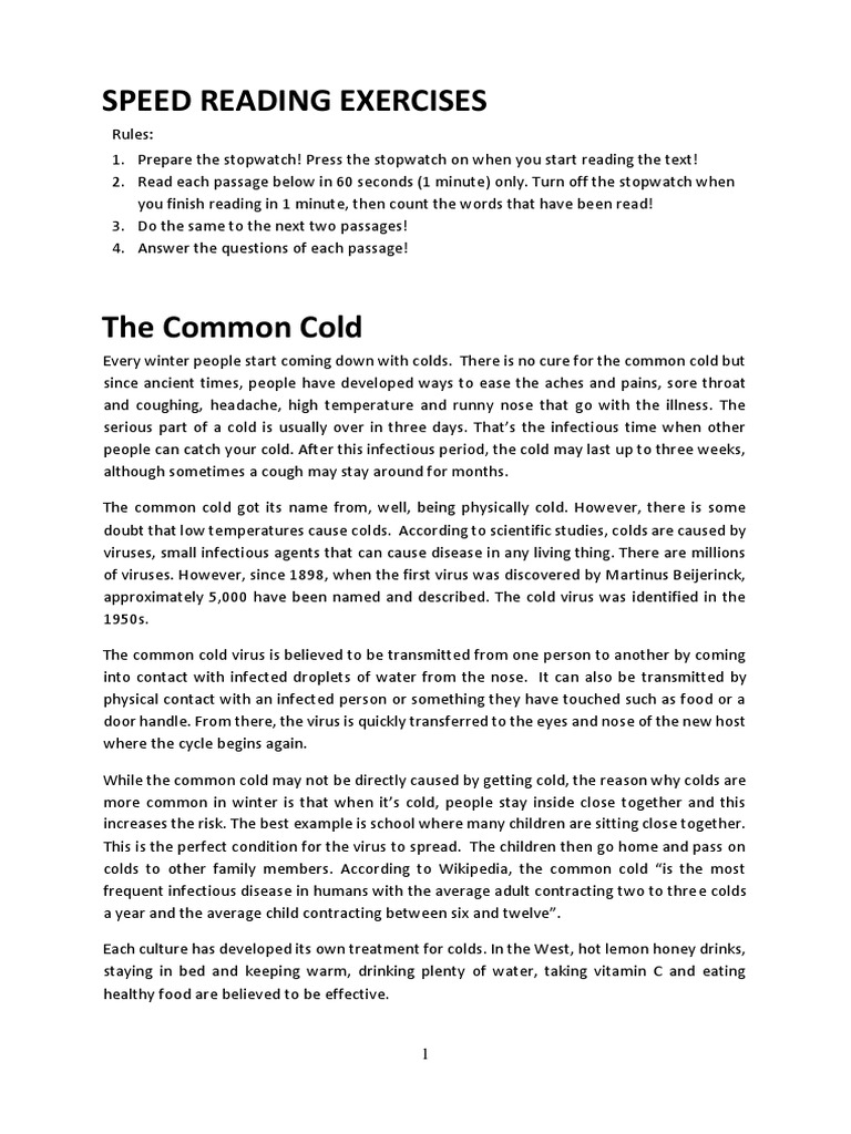 Speed Reading Exercises | PDF | Common Cold | Infection