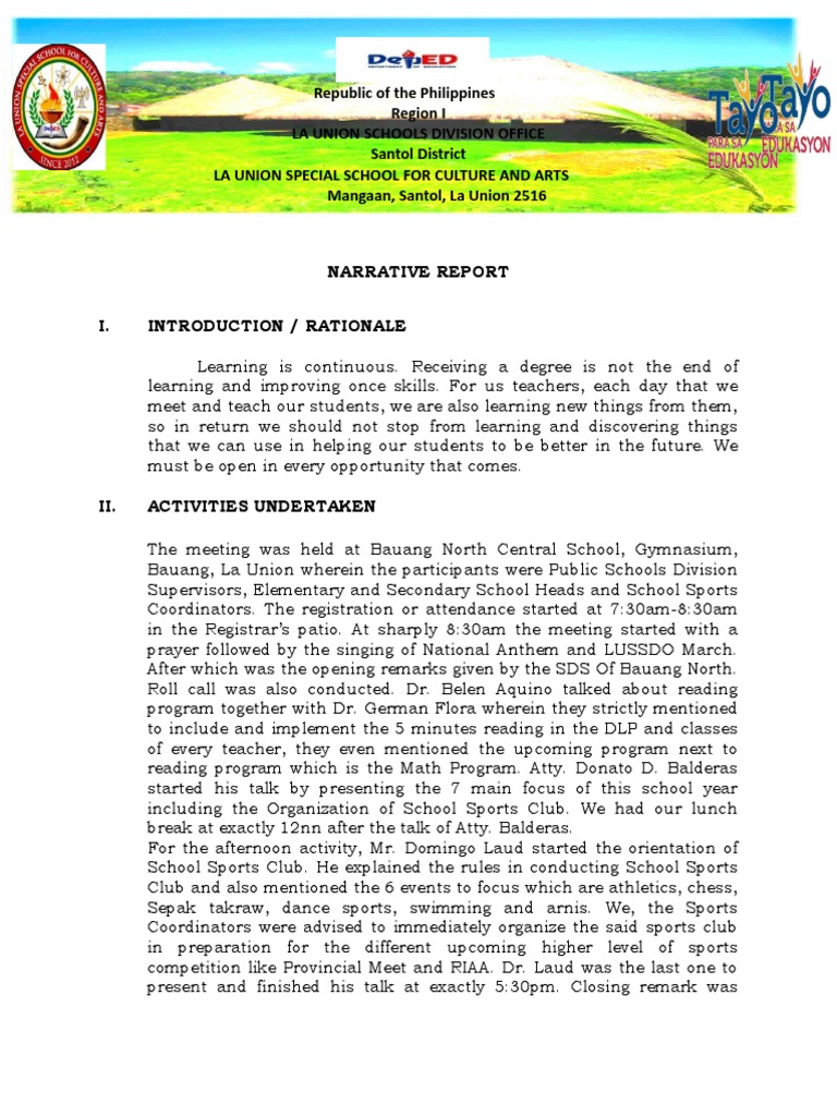 NARRATIVE REPORT at Bauang North SSC | PDF | Foreign Language Studies