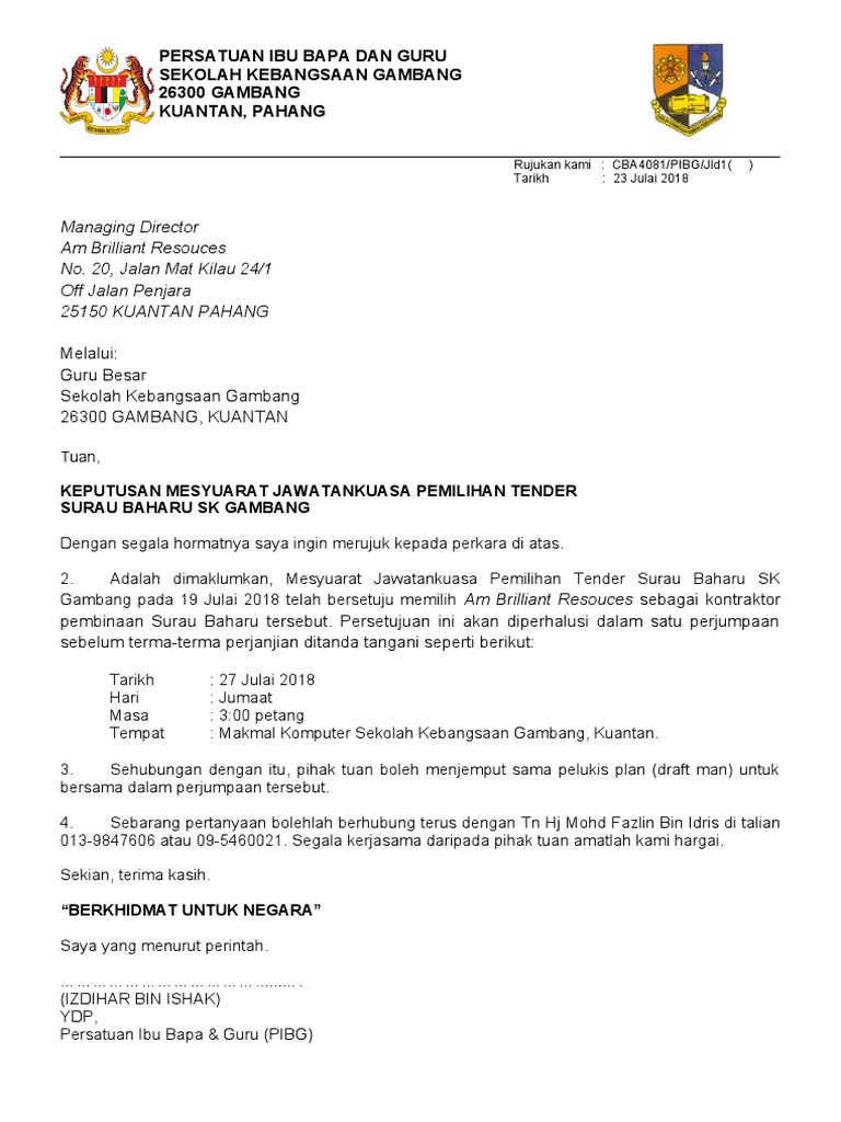 Surat Syarikat Kontraktor Surau | PDF