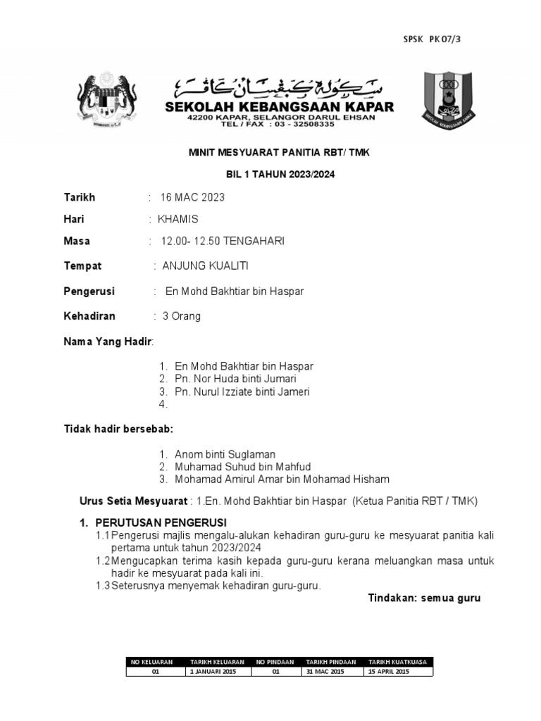Minit Mesyuara RBT Bil 1 2023-2024 | PDF