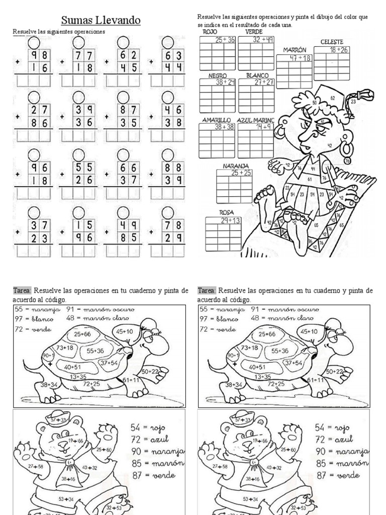 Sumas Llevando y Colorea el Dibujo | PDF