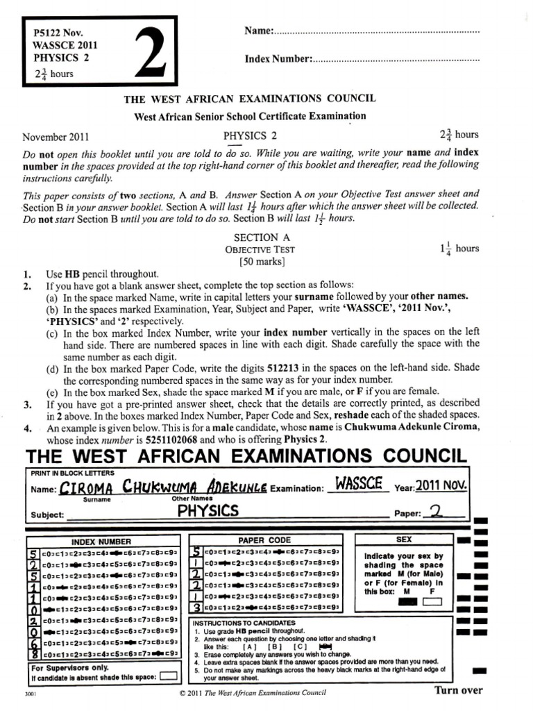 Nov Dec WASSCE WAEC Physics 2011 Paper Objectives Theory NG | PDF