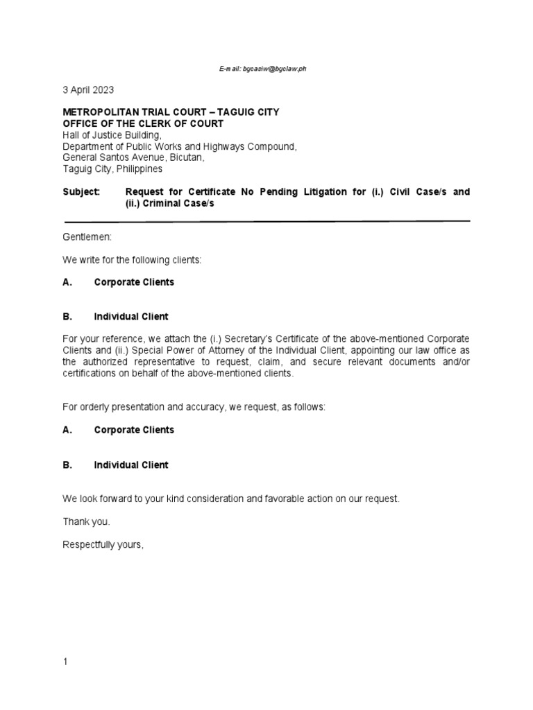 Request_Letter_Certificate_of_No_Pending_Litigation_Taguig_City | PDF
