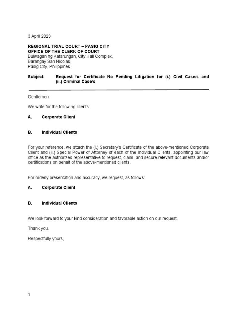 Request Letter Certificate of No Pending Litigation Pasig City RTC | PDF