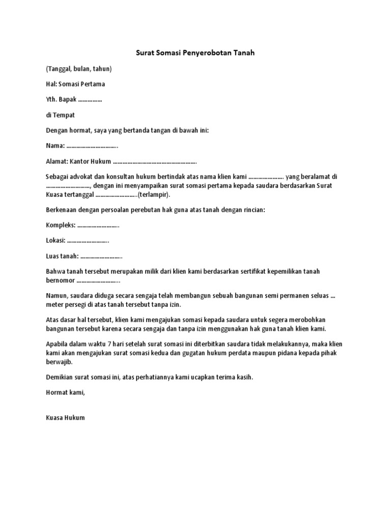 Contoh Surat Somasi Penyerobotan Tanah 1 | PDF