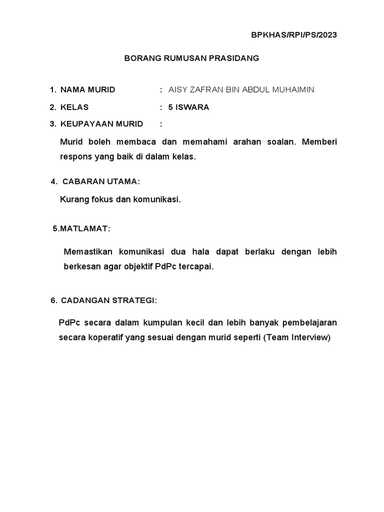 Borang Rumusan Prasidang RPI 2023 | PDF