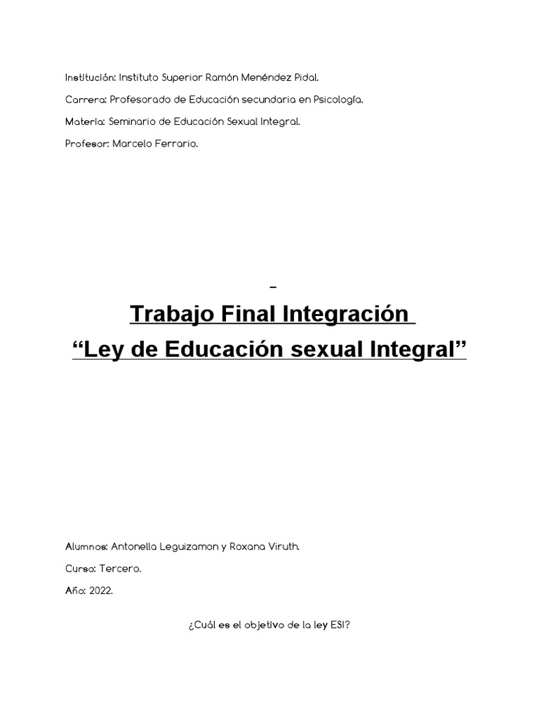 T Final ESI | Descargar gratis PDF | Educación sexual | Sexualidad