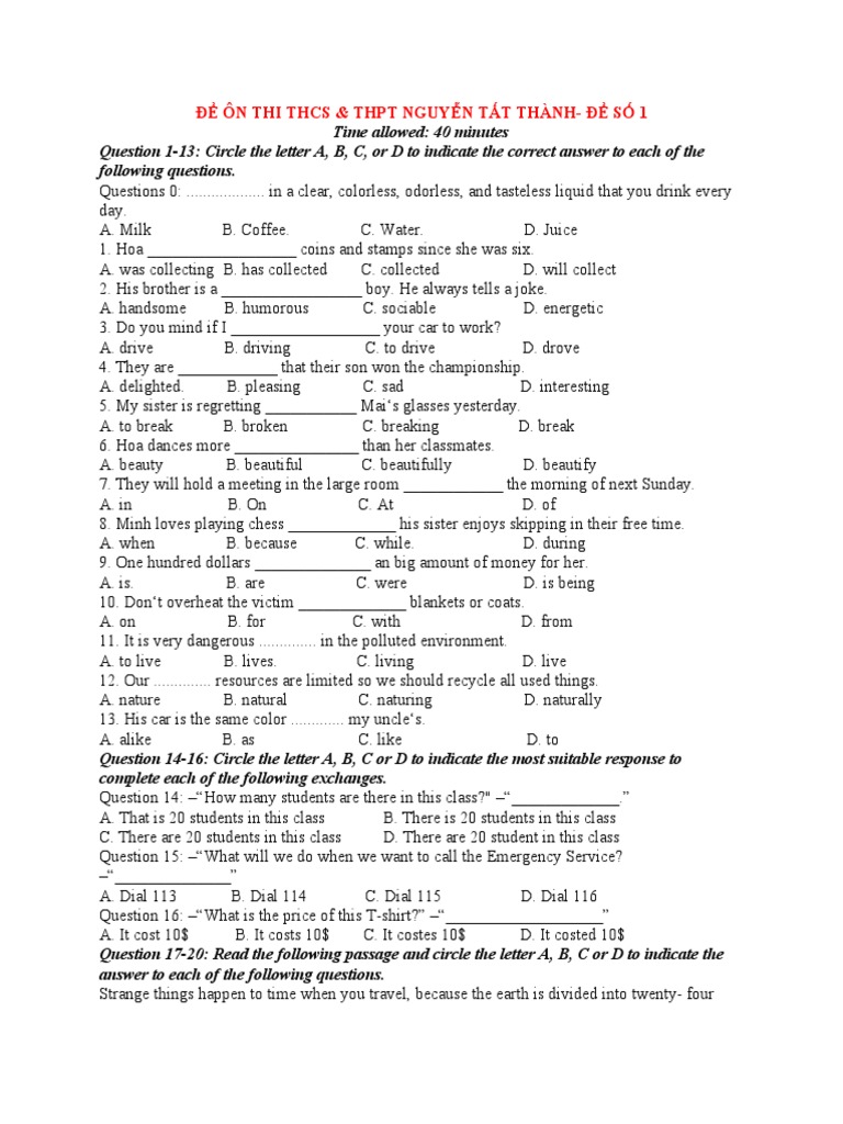 ĐỀ ÔN THI THCS NTT - 01 | PDF | Oceans