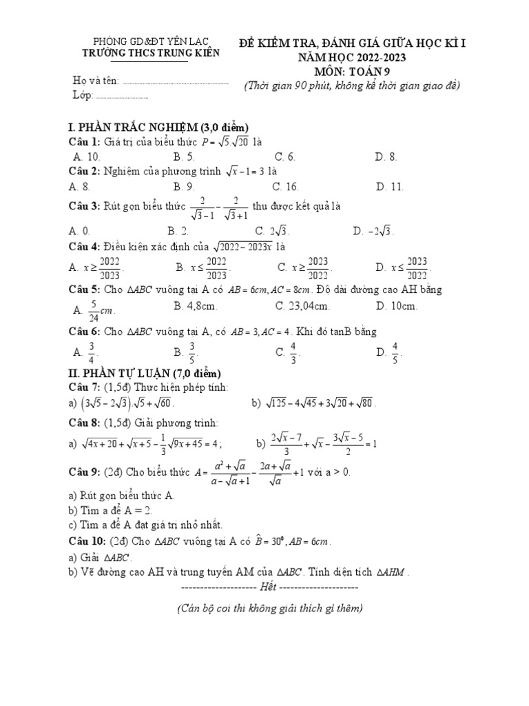 De Giua Hoc Ki 1 Toan 9 Nam 2022 2023 Truong Thcs Trung Kien Vinh Phuc | PDF