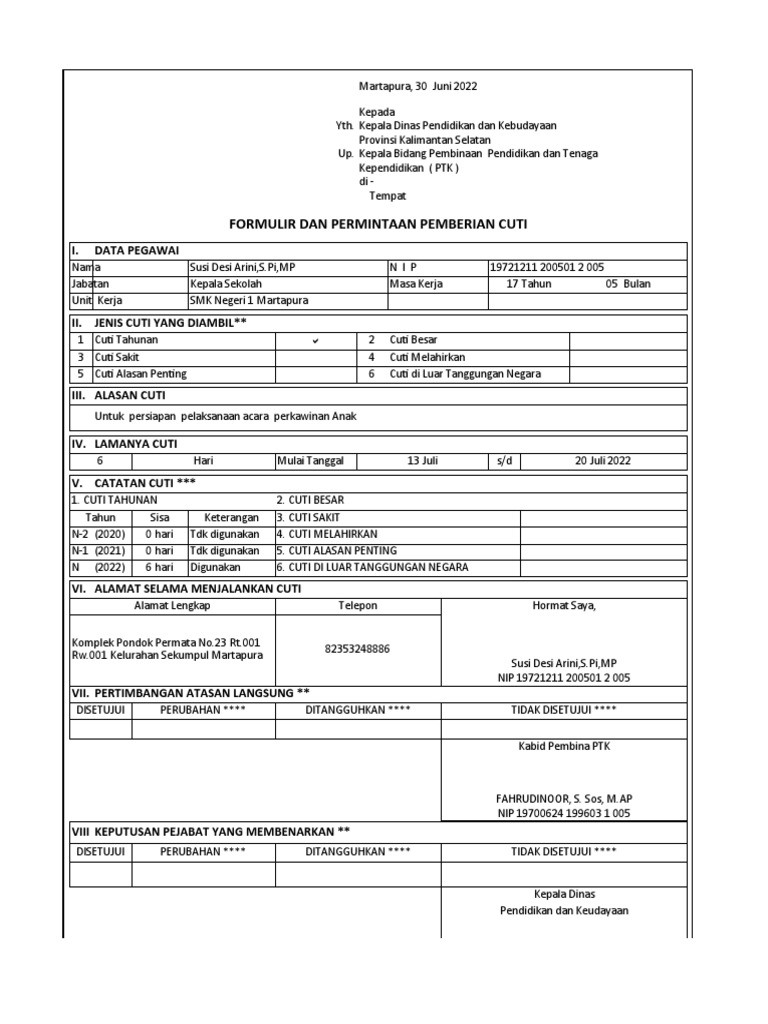 Formulir Cuti GTK (Kepsek & Guru | PDF