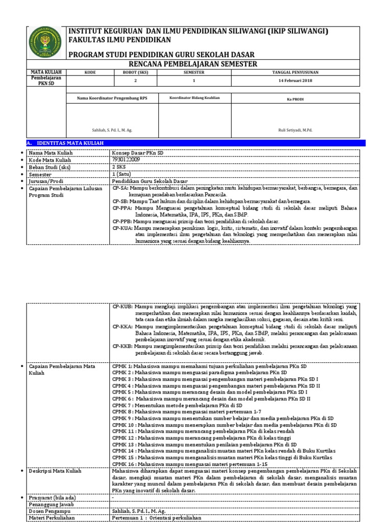 RPS Pembelajaran PKN SD | PDF