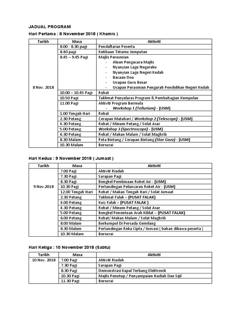 Jadual Program Kem Sains Angkasa | PDF