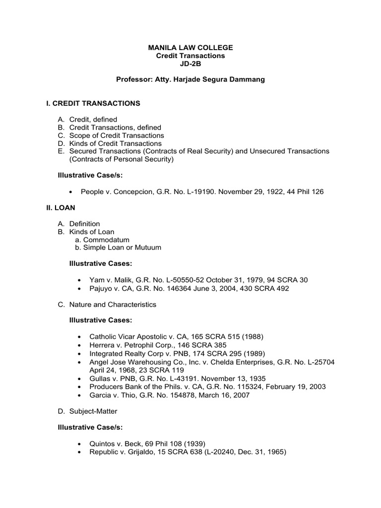 Syllabus Credit Transactions | PDF | Loans | Surety