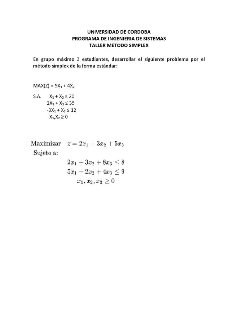 Taller Simplex Forma Estandar | PDF | Métodos y materiales de enseñanza ...