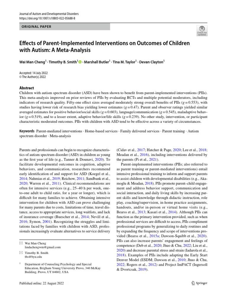 Effects of Parent Implemented Interventions On Outcomes of Children With Autism: A Meta Analysis ...