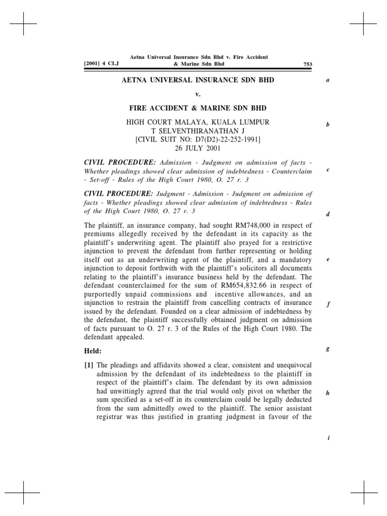 AETNA UNIVERSAL INSURANCE SDN BHD V FIRE ACCIDENT & MARINE SDN BHD ...