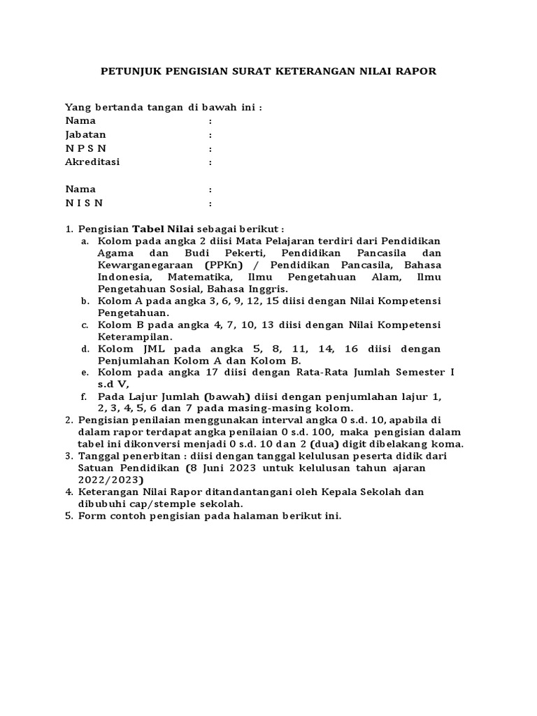 Contoh Format - Petunjuk Pengisian Surat Keterangan Nilai Rapor | PDF
