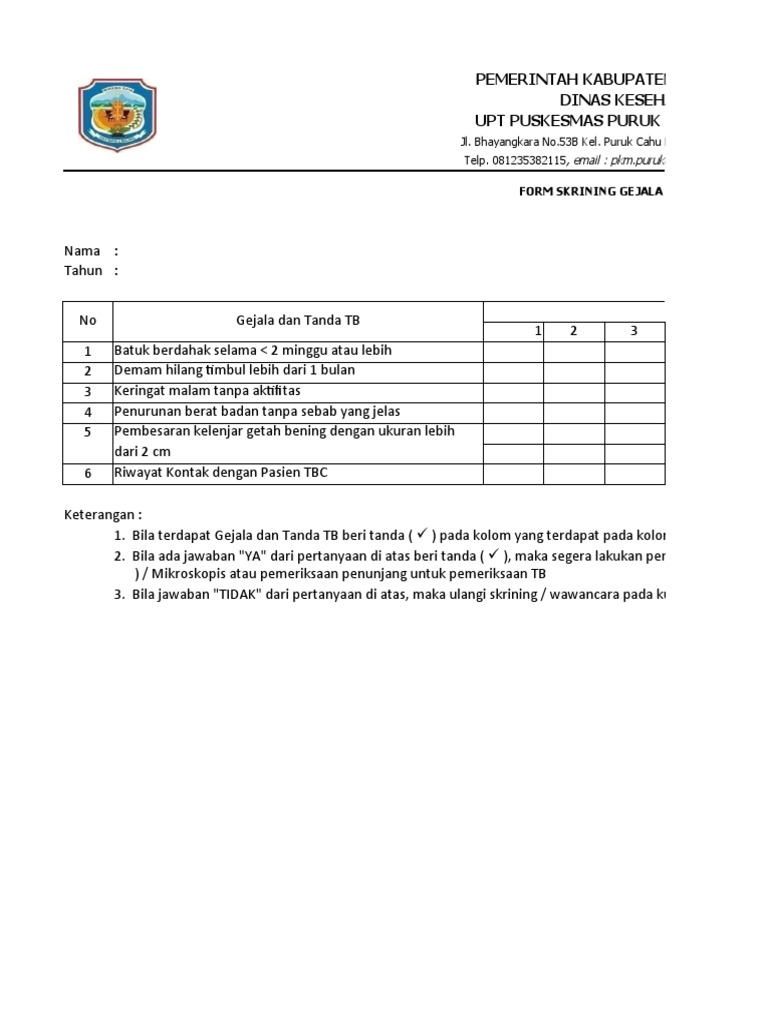 Form Skrining TB Puskesmas Murung Raya | PDF