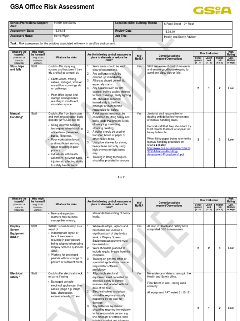 Gsa Generic Office Risk Assessment Health and Safety Office | PDF ...