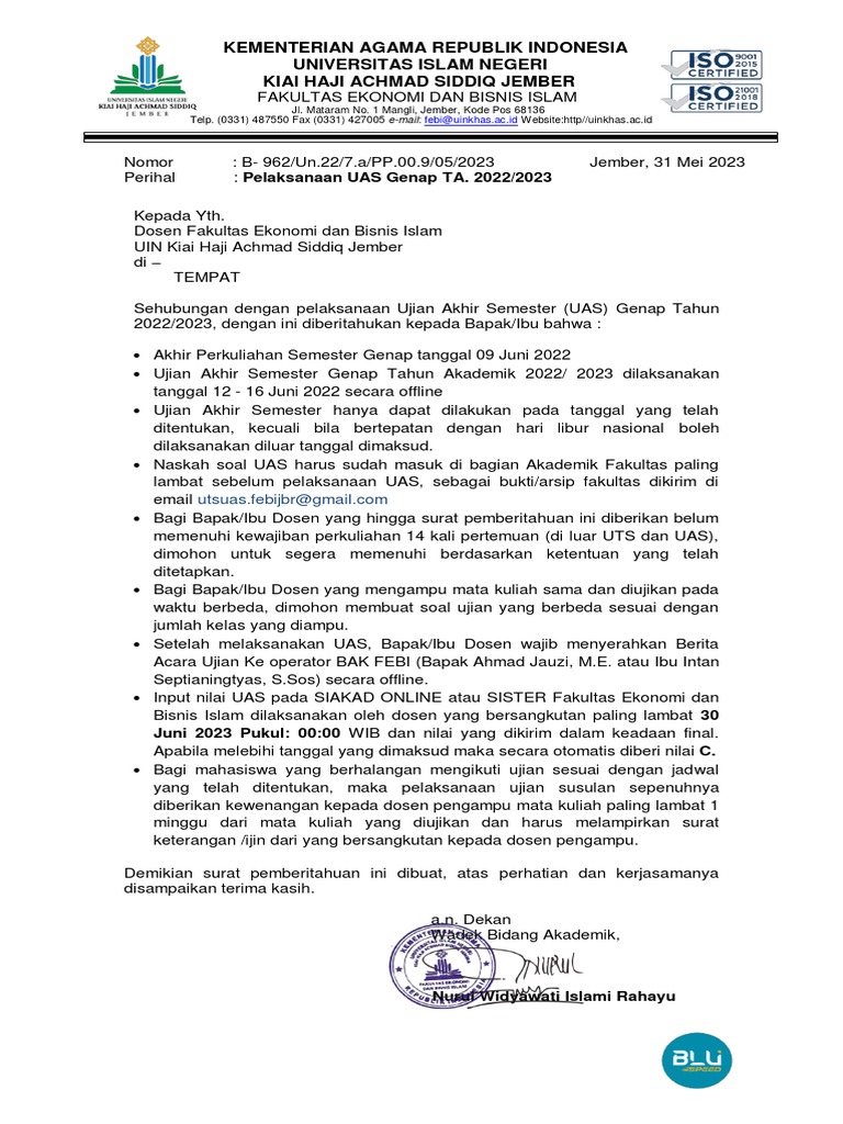 Surat Pemberitahuan UAS GENAP TA.2022-2023 | PDF