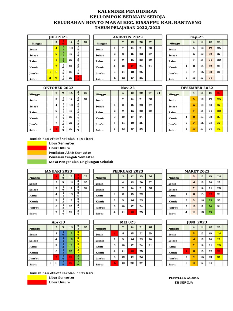 Kalender Pendidikan KB Seroja 2022/2023 | PDF