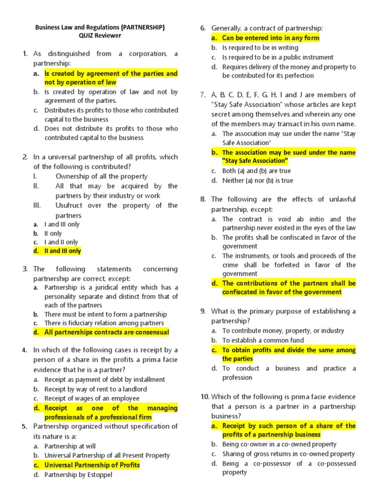 Business Law and Regulation Quiz 1 | PDF | Partnership | Corporations