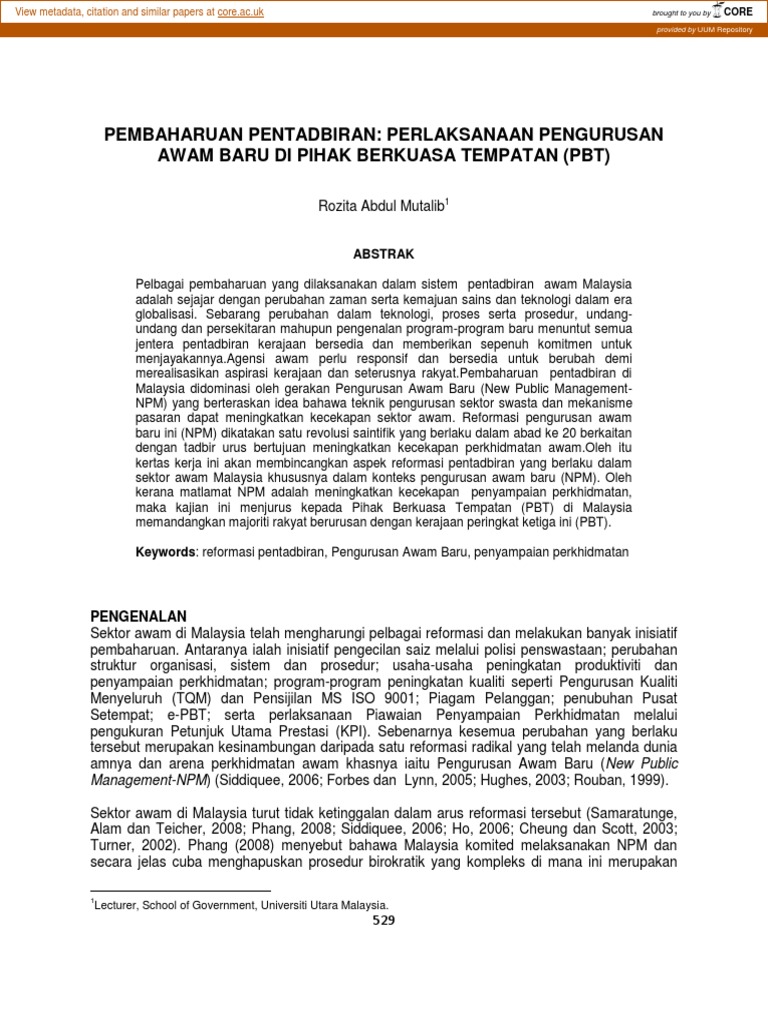 Pembaharuan Pentadbiran: Perlaksanaan Pengurusan Awam Baru Di Pihak Berkuasa Tempatan (PBT) | PDF