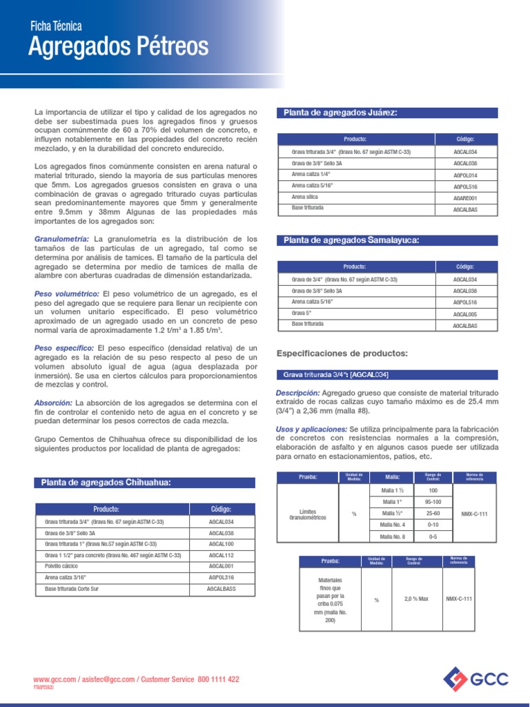 Ficha Tecnica Agregados - 0620 | PDF | Hormigón | Grava