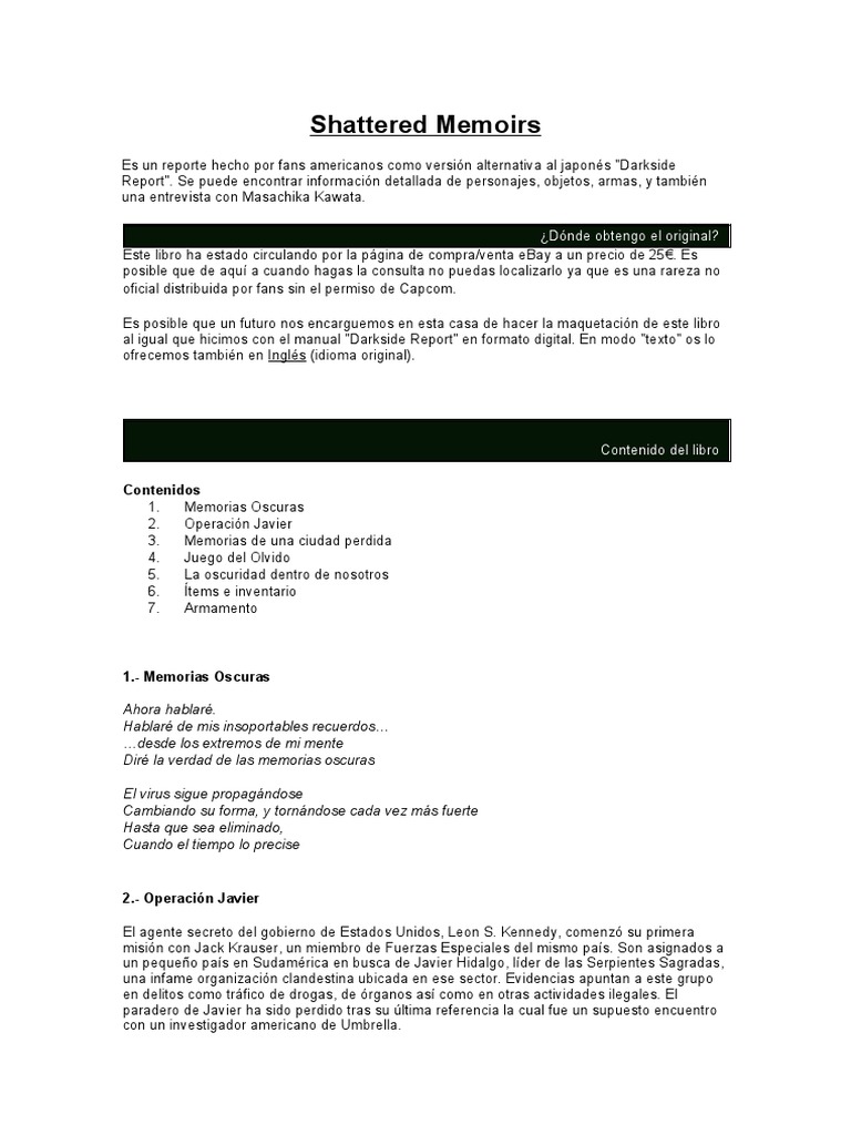 Shattered Memoirs | PDF | Residente demoníaco | Munición