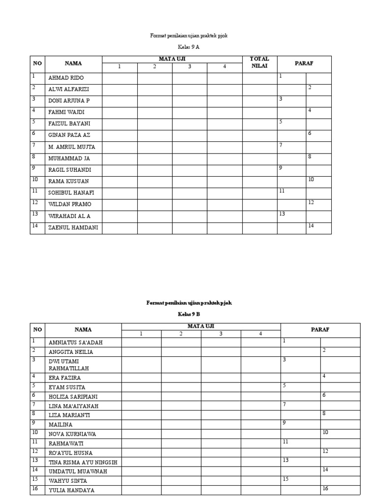 Format Penilaian Ujian Praktek Pjok | PDF