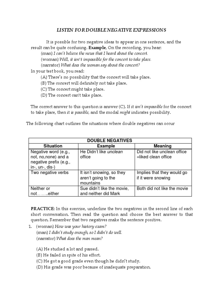 Listen For Double Negative Expressions | PDF | Question | Linguistic ...