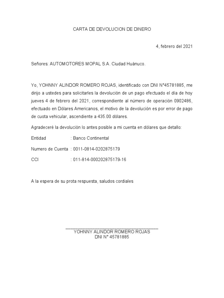 Solicitud de Devolución de Dinero | PDF | Ciencias sociales