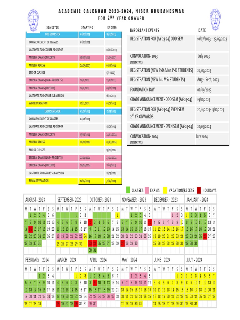NISER Academic Calendar 2023-24 For 2nd Yr Onwards | PDF