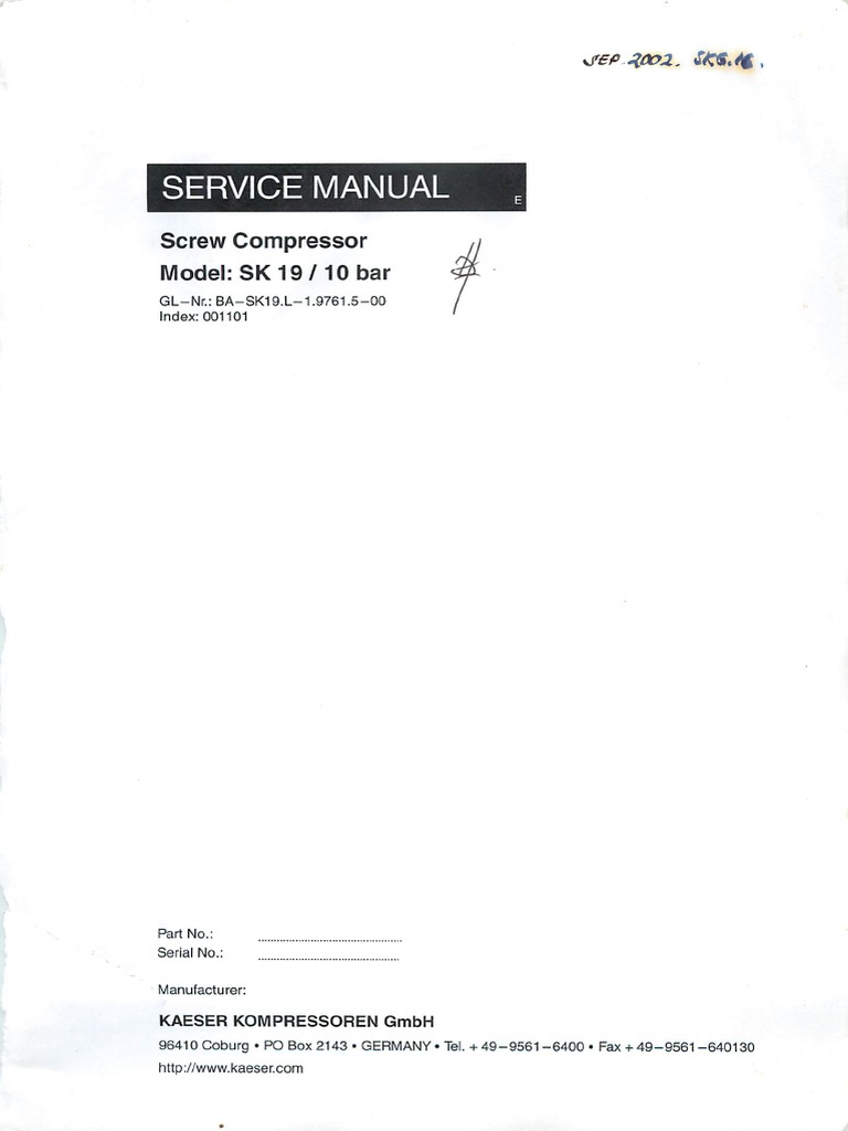 1.1. Service Manual Air Compressor SK 19-10 Bar | PDF