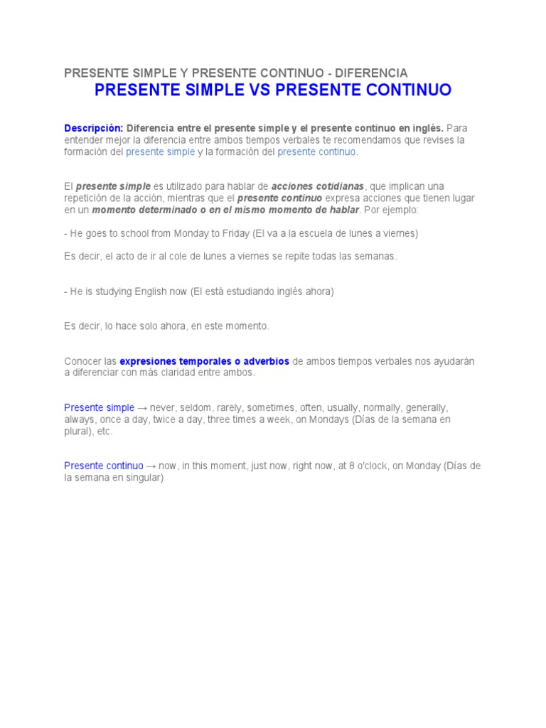 Diferencias Entre PRESENTE SIMPLE Y PRESENTE CONTINUO | PDF