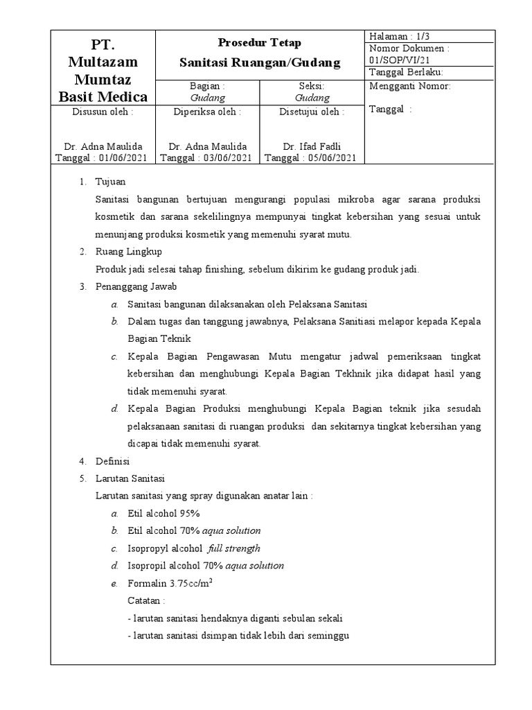 Contoh SOP Sanitasi Ruangan Atau Gudang | PDF | Griya & Taman | Teknologi & Rekayasa