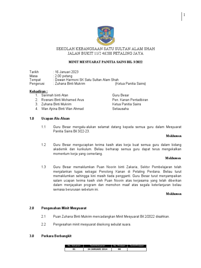 Minit Mesyuarat Sains Bil 3 2022 | PDF