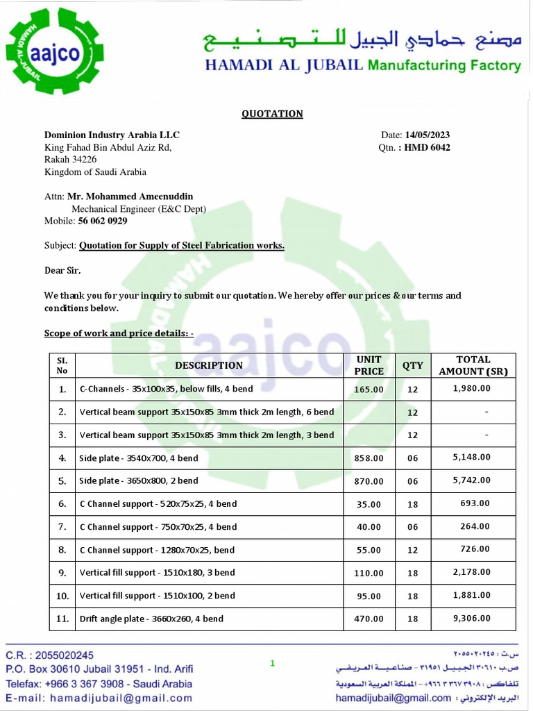 Steel Fabrication Quotation - KSA | PDF | Pipe (Fluid Conveyance)
