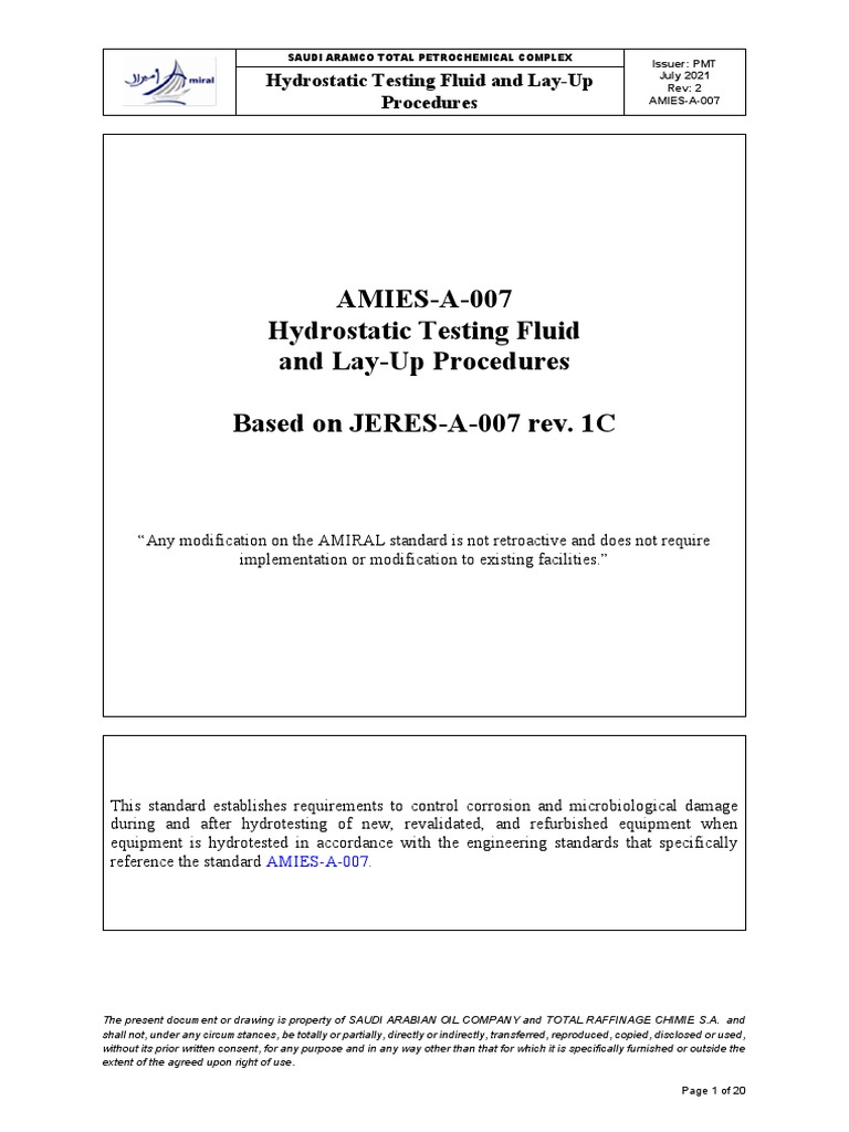 AMIES-A-007 - 2 - Hydrostatic Testing Fluid and Lay-Up Procedures | PDF ...