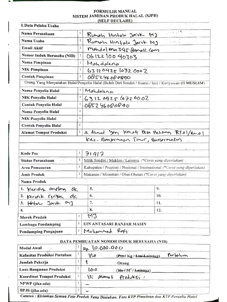 Contoh Isian Formulir Sertifikat Halal | PDF