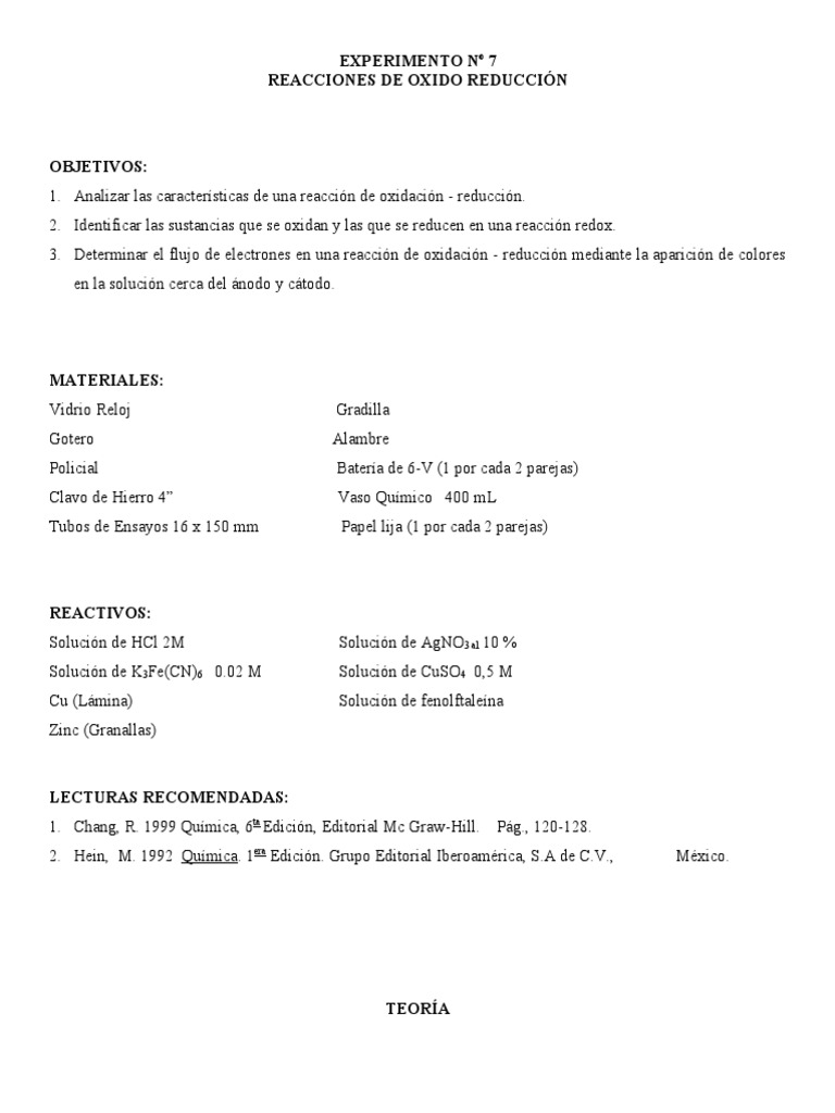 Experimento 7 Reacciones Redox Pdf Redox Electrodo
