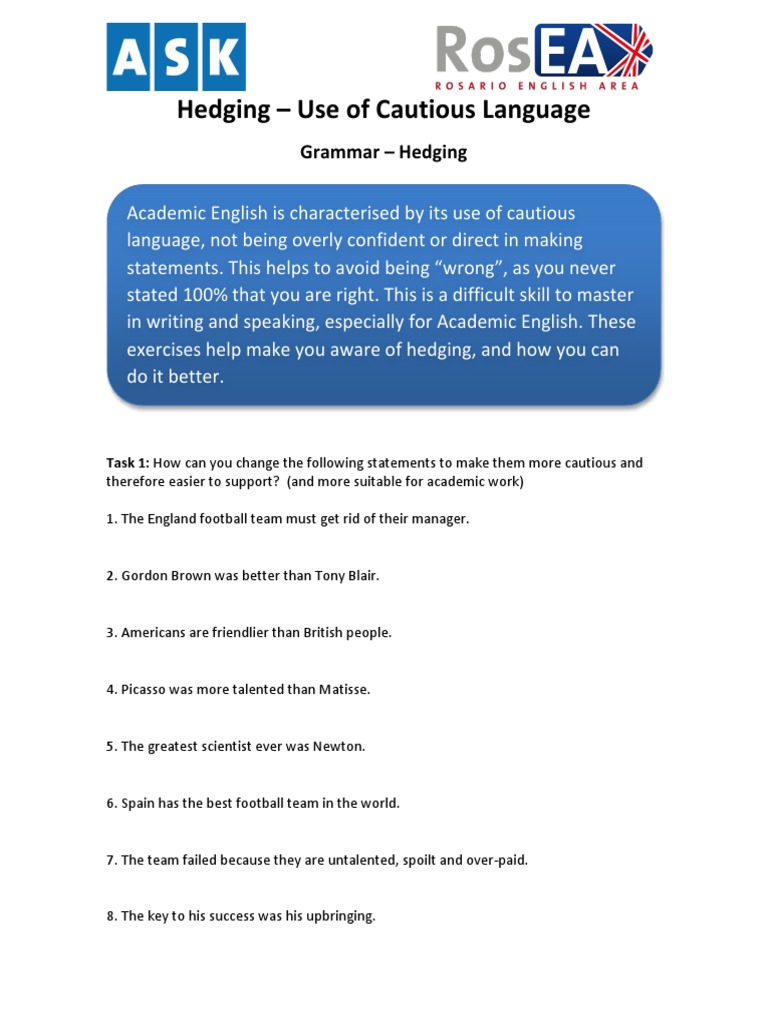 Hedging Use of Cautious Language TASKS | PDF | Adverb | Verb