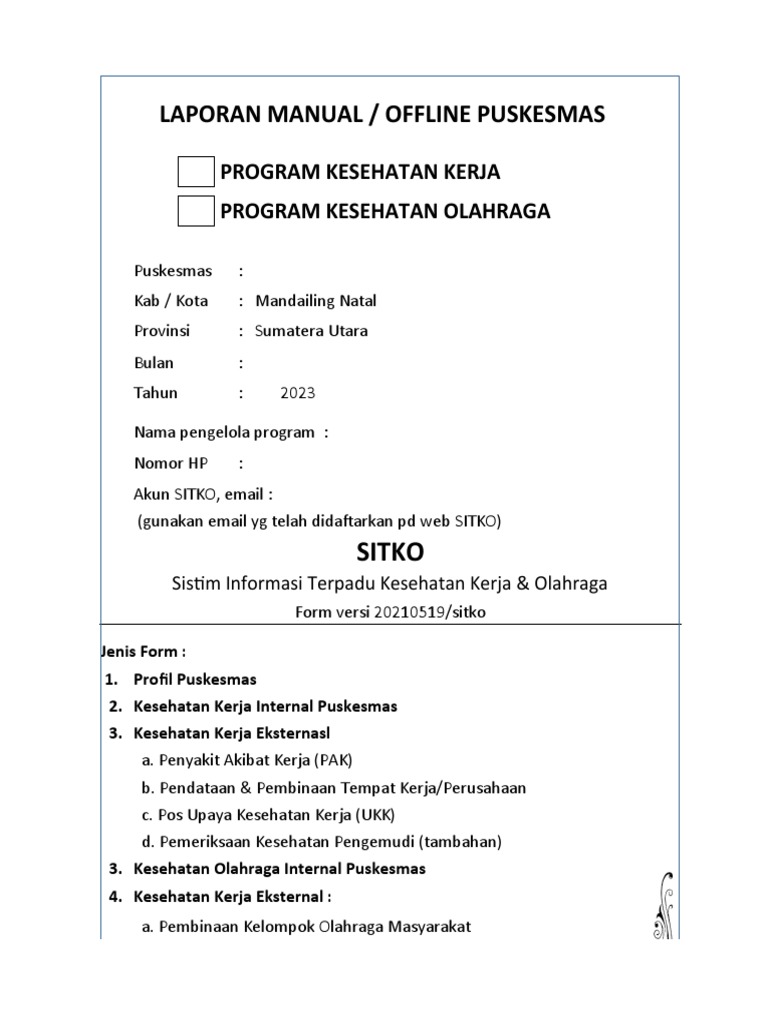 Form Laporan Manual Kesjaor Puskes SITKO MADINA | PDF
