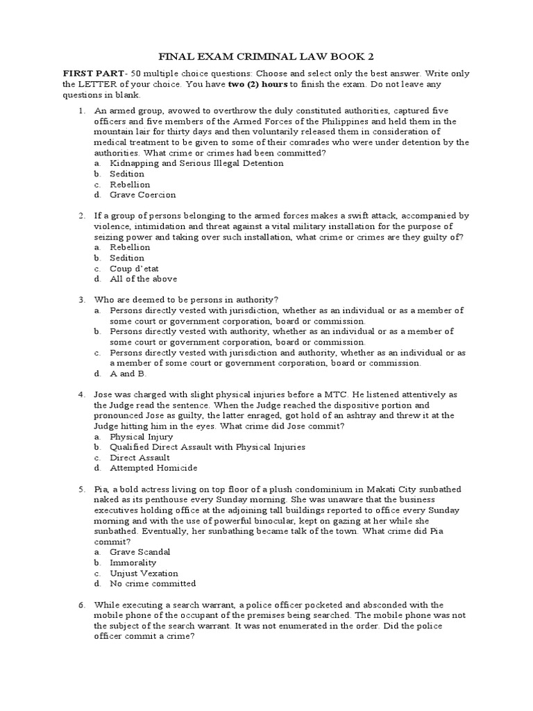 Final Exam Criminal Law Book 2 | PDF | Defamation | Detention ...