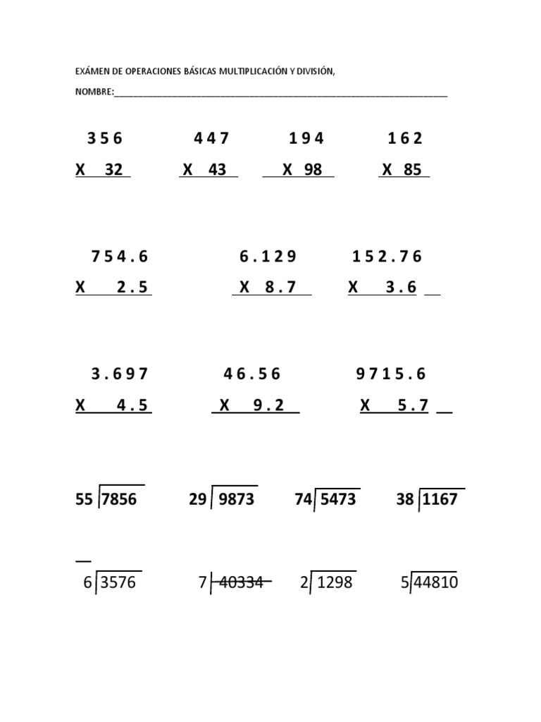 Exámen de Operaciones Básicas Multiplicación y División 5° | PDF
