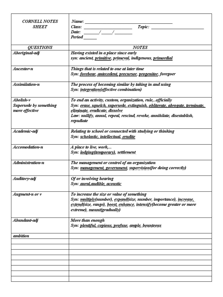 Cornell Notes Sheet Template 1 | PDF