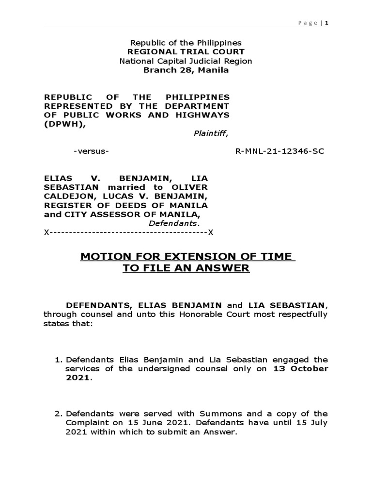 Benjamin - Motion For Extension Answer | PDF | Complaint | Separation Of Powers