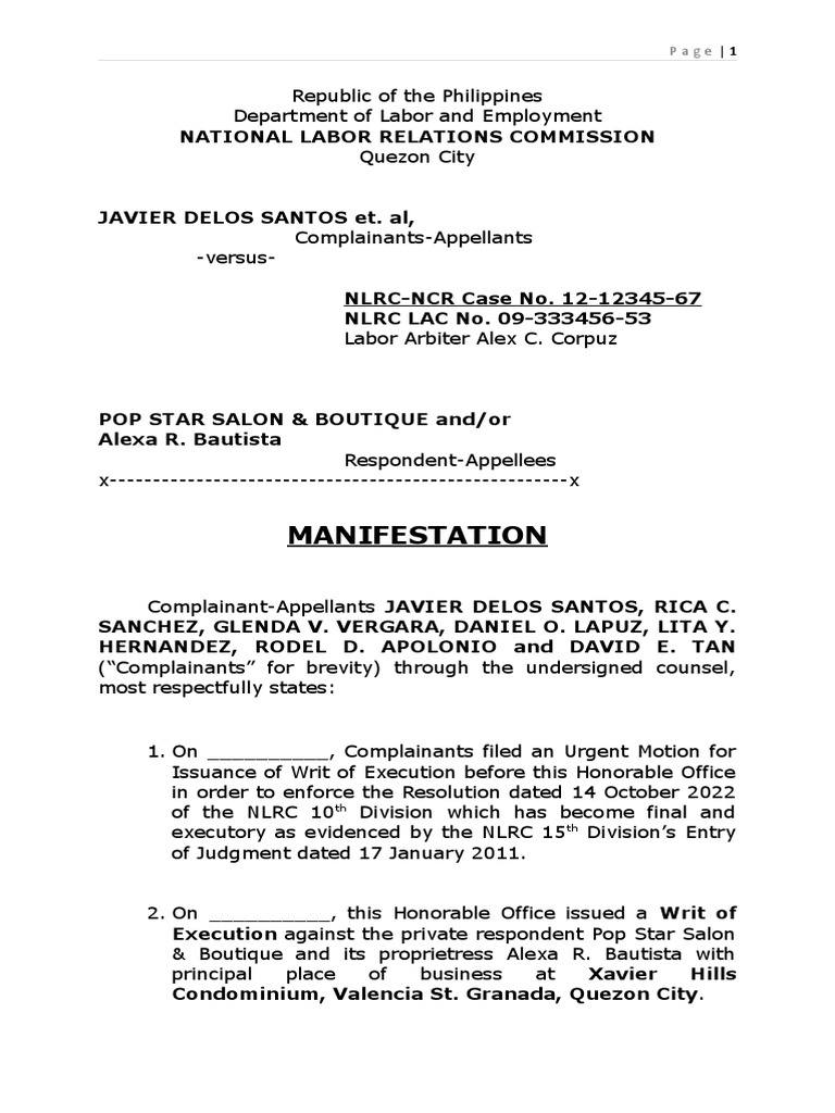 NLRC Case Manifestation for Writ Execution | PDF