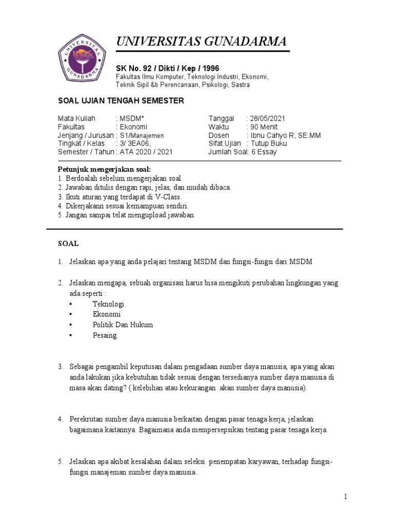 Soal Uts MSDM Ata | PDF | Karier & Perkembangan | Komputer